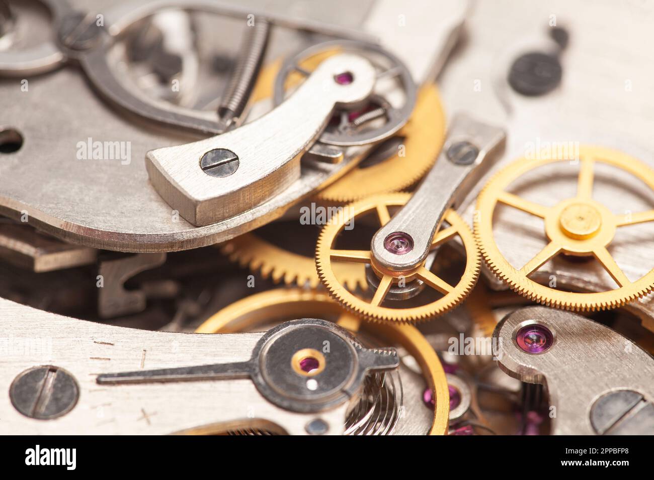Mechanism, clockwork of a stopwatch, close-up. Vintage luxury ...