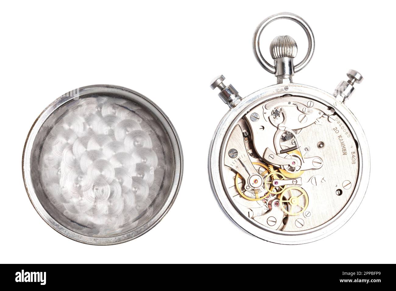 Mechanism, clockwork of a stopwatch, isolated on white. Time, work ...