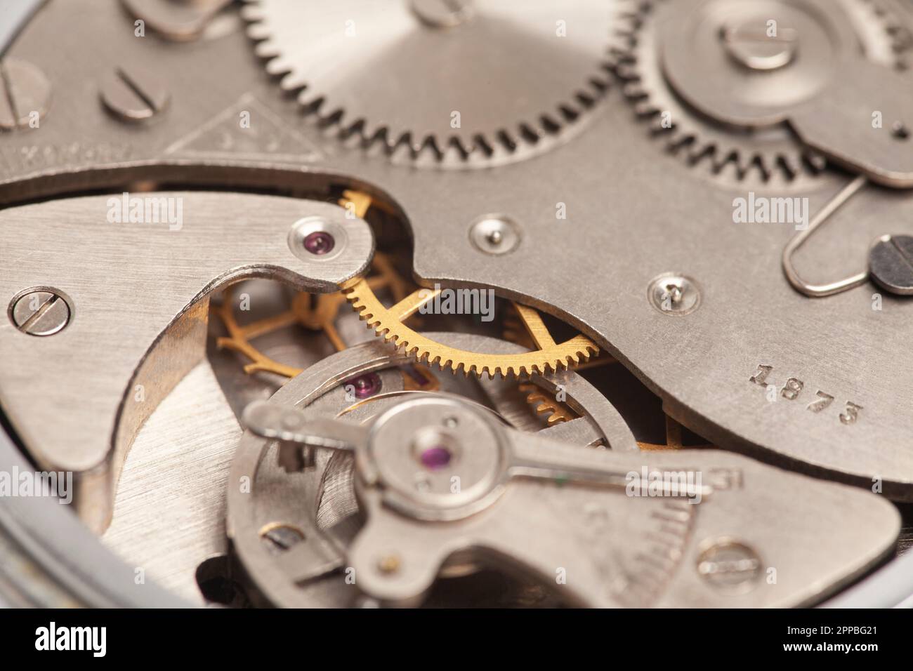 Mechanism, clockwork of a stopwatch, close-up. Vintage luxury ...