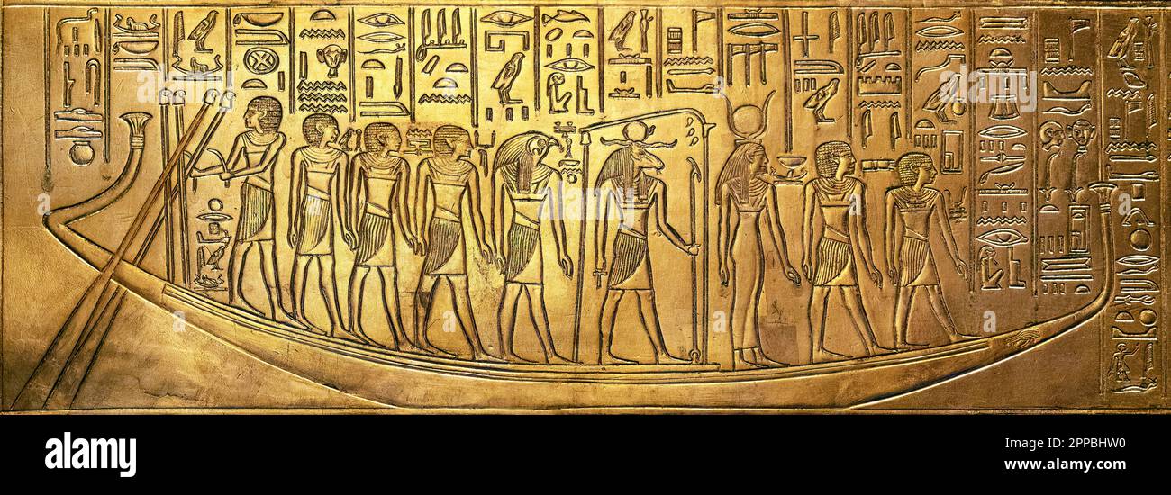 Bas relief with egyptian gods on a boat from Tutankhamun tomb Stock ...