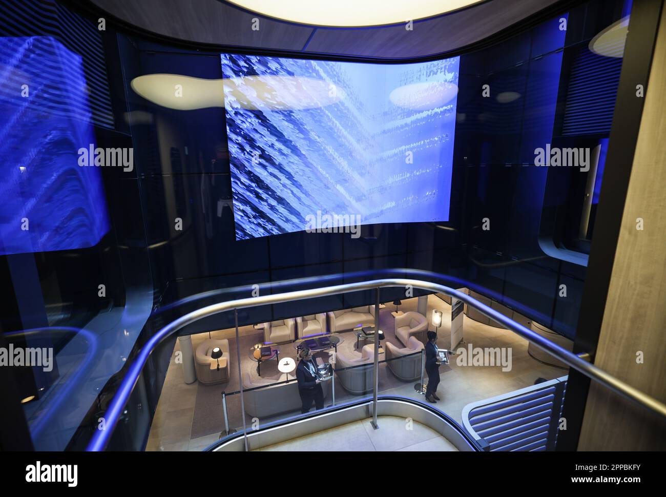 Hamburg, Germany. 23rd Apr, 2023. View from an elevator into the lobby ...