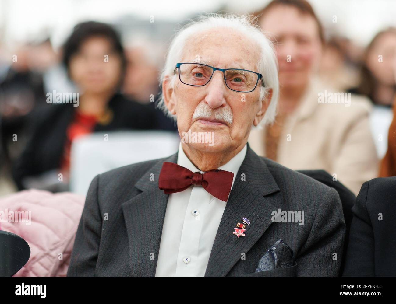 23 April 2023, Bavaria, Flossenbürg: Leon Weintraub, survivor of the ...