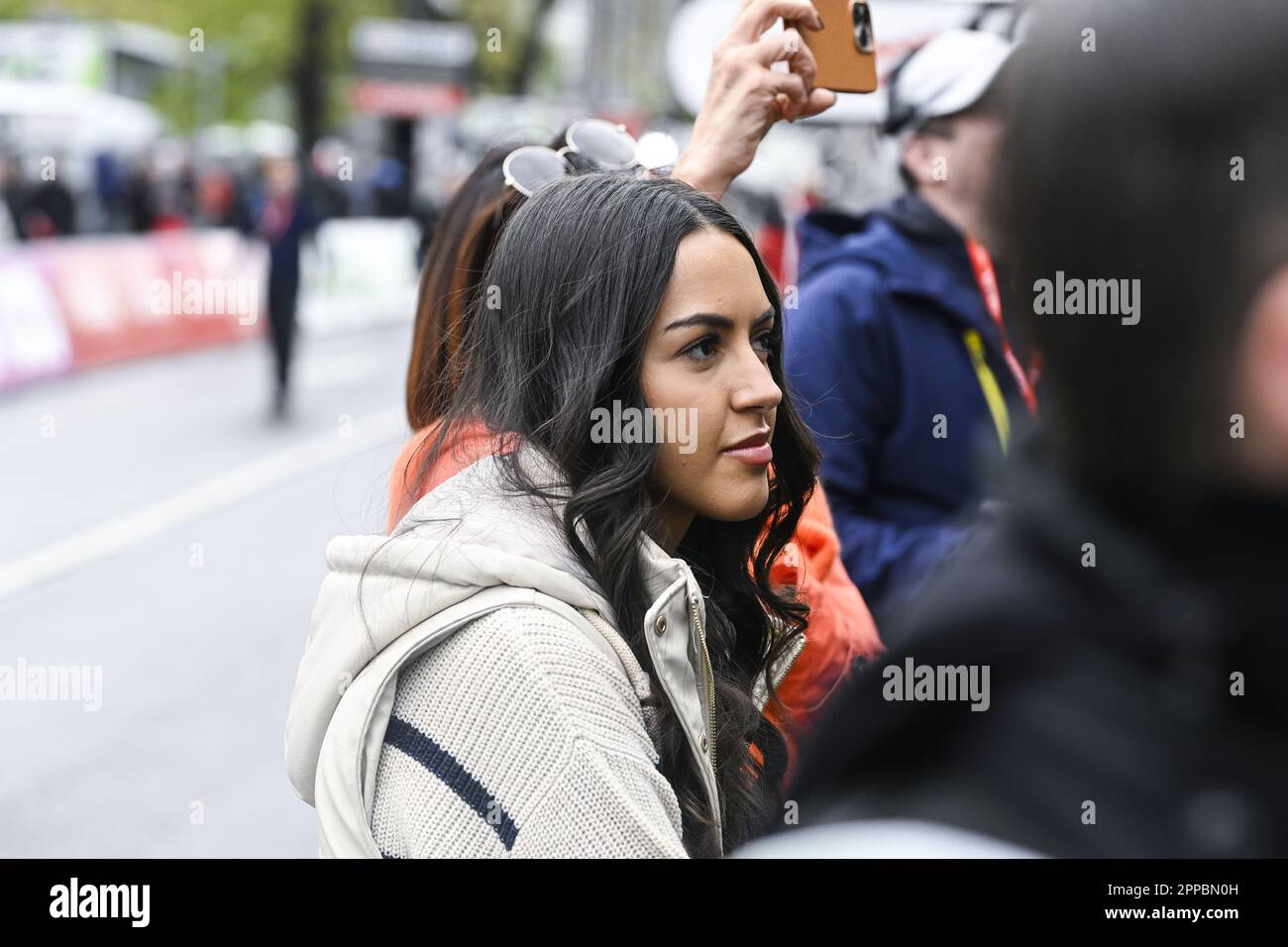 Liege, Belgium. 23rd Apr, 2023. Remco's wife Oumaima Oumi Rayane ...
