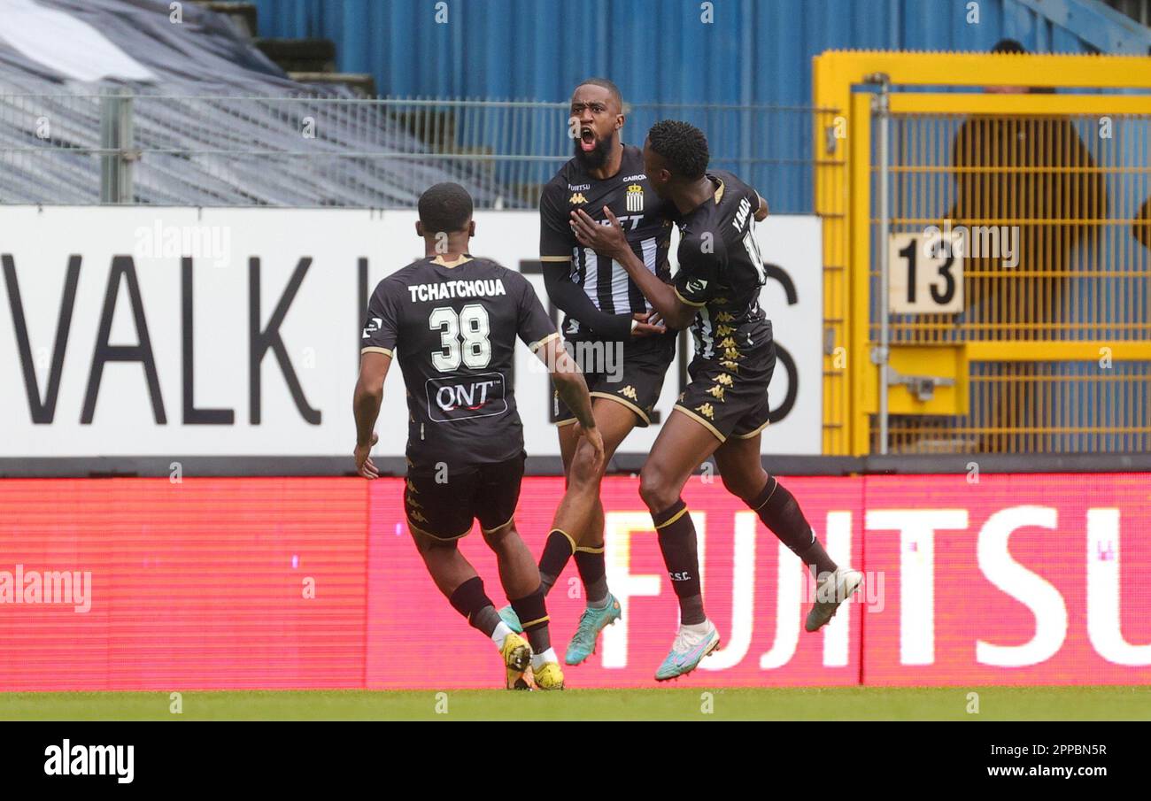 Charleroi, Belgium. 23rd Apr, 2023. Charleroi's Isaac Mbenza celebrates ...