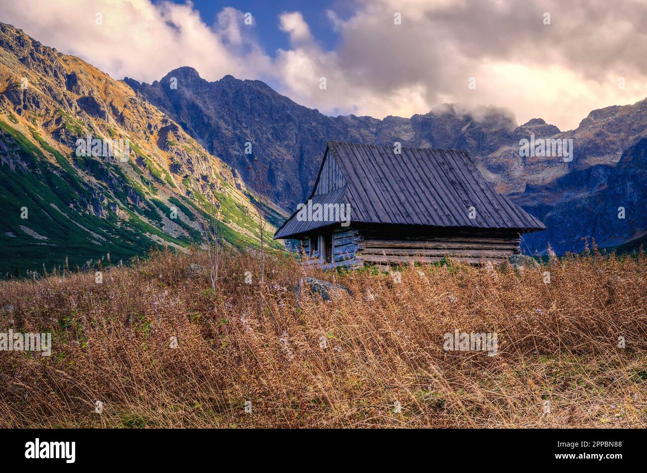 Beautiful rural landscape in the Polish mountains. Mountain wooden hut ...