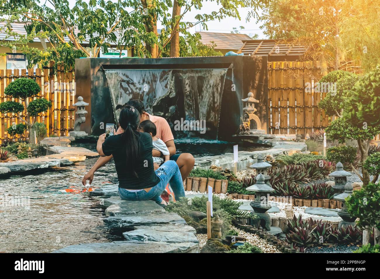 Back view of Happiness Asian family feeding koi or fancy carp in small ...