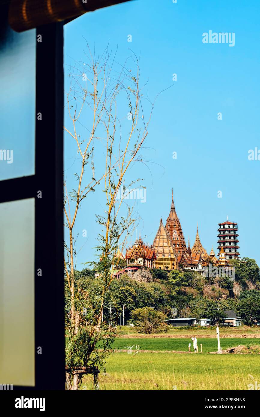 Beautiful view of Tiger Cave Temple (Wat Tham Sua) and Wat Tham Khao Noi in Kanchanaburi ...