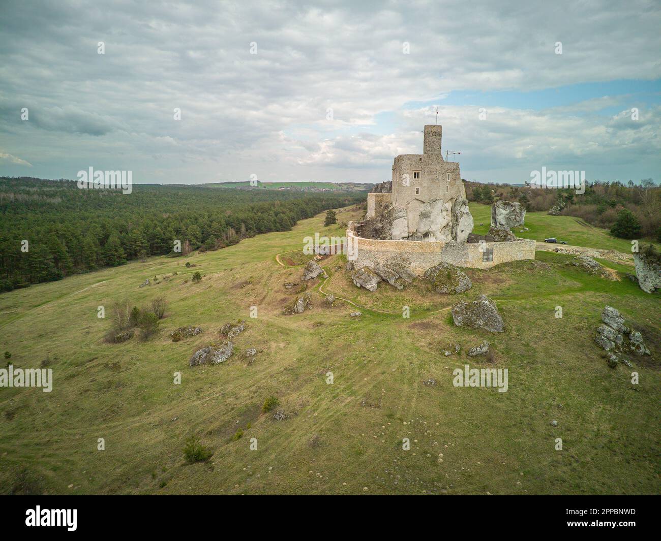 Ruins of a medieval castle in the village of Mirow, Poland Stock Photo ...