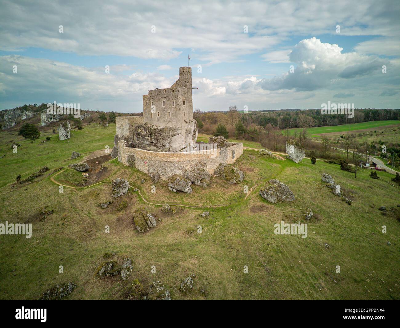 Ruins of a medieval castle in the village of Mirow, Poland Stock Photo ...