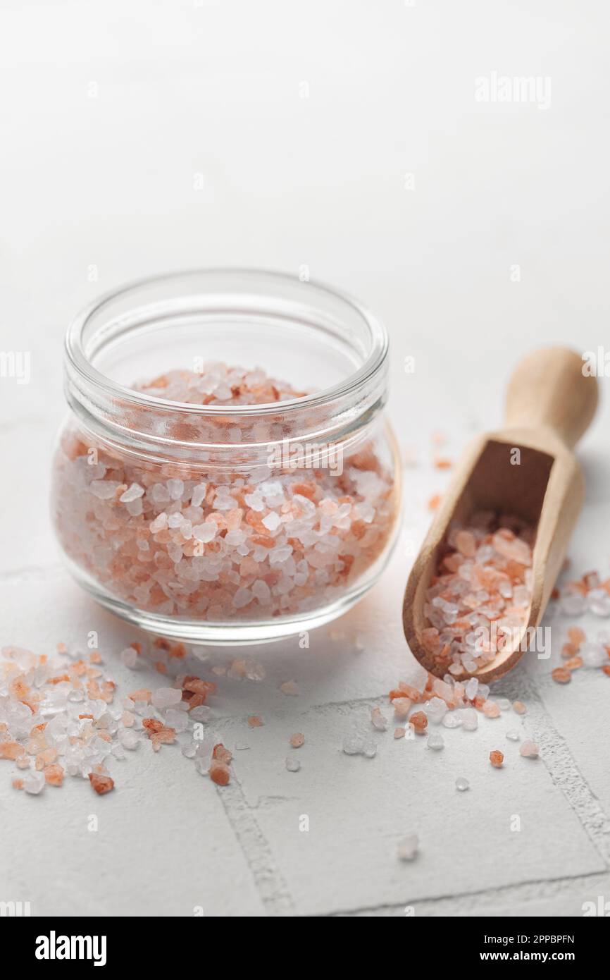 Jar of himalayan pink salt . Healthy food concept. Speciality salt ...