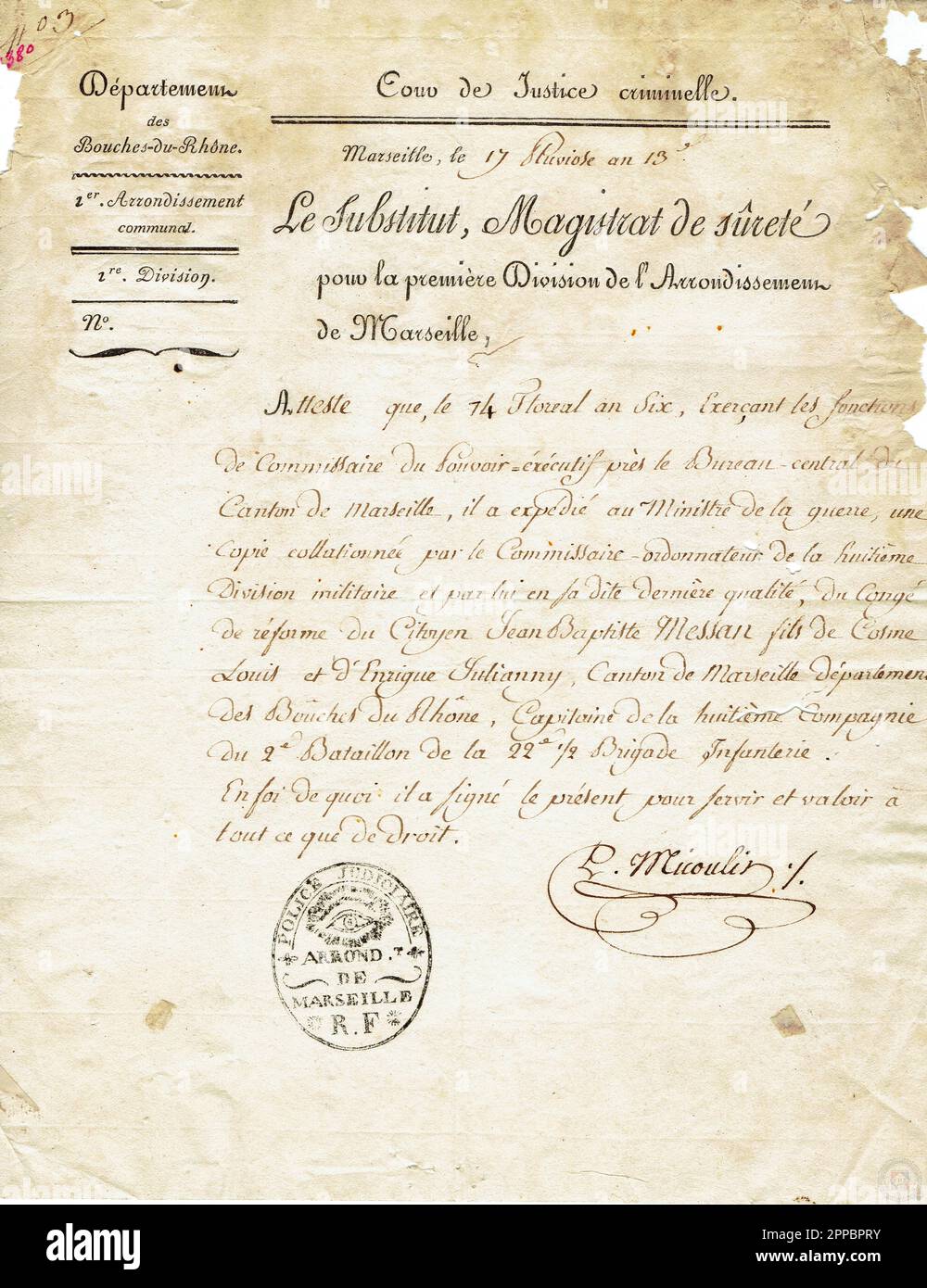 congé de réforme du capitaine Messan, servant à la 22e demi-brigade d ...