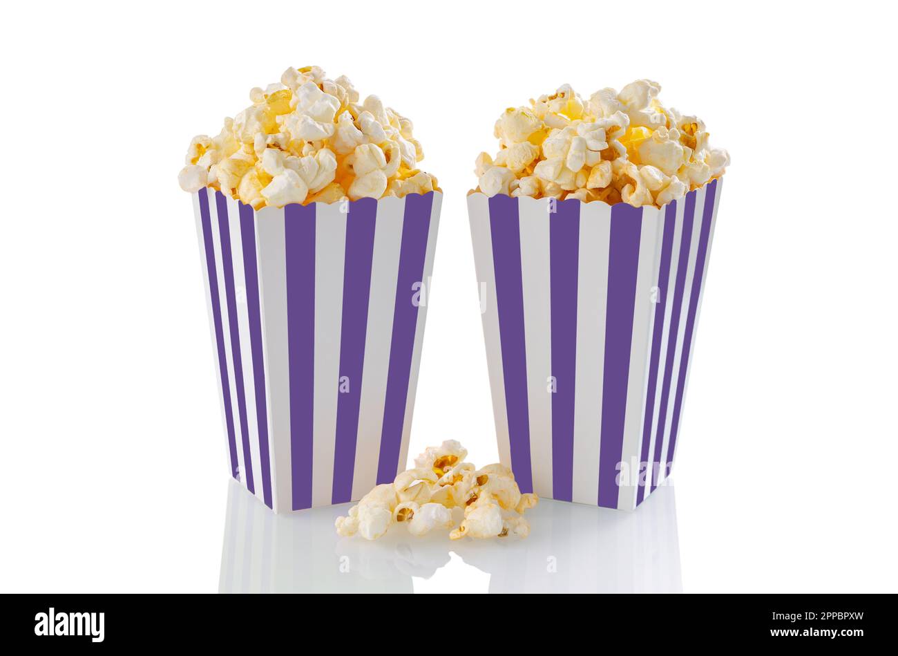 Two purple white striped carton buckets with tasty cheese popcorn ...