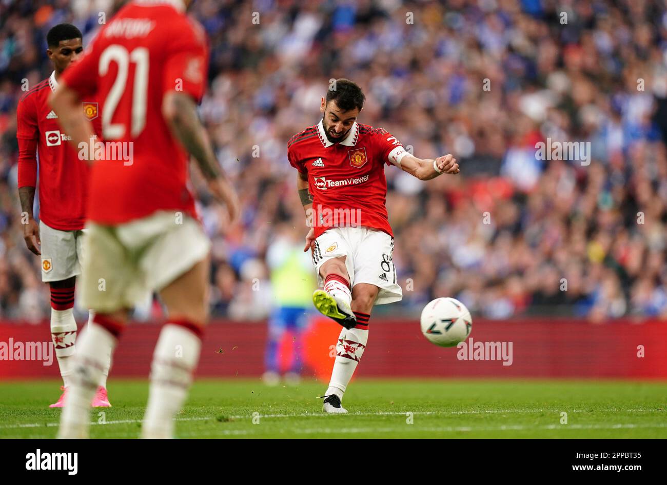 Manchester United's Bruno Fernandes takes a free-kick during the ...