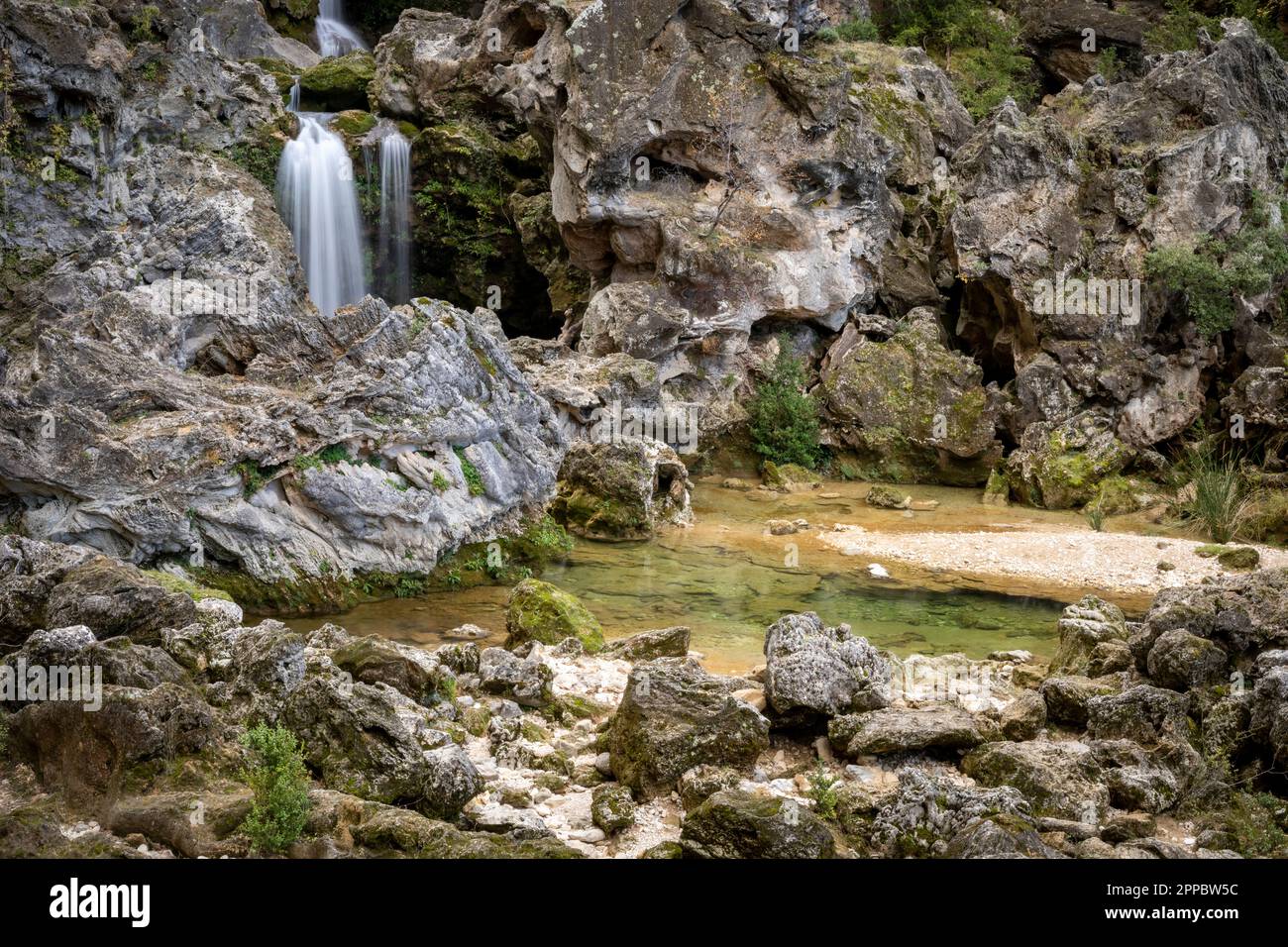 Scenic landscape with waterfall between rocks on the Borosa river in ...