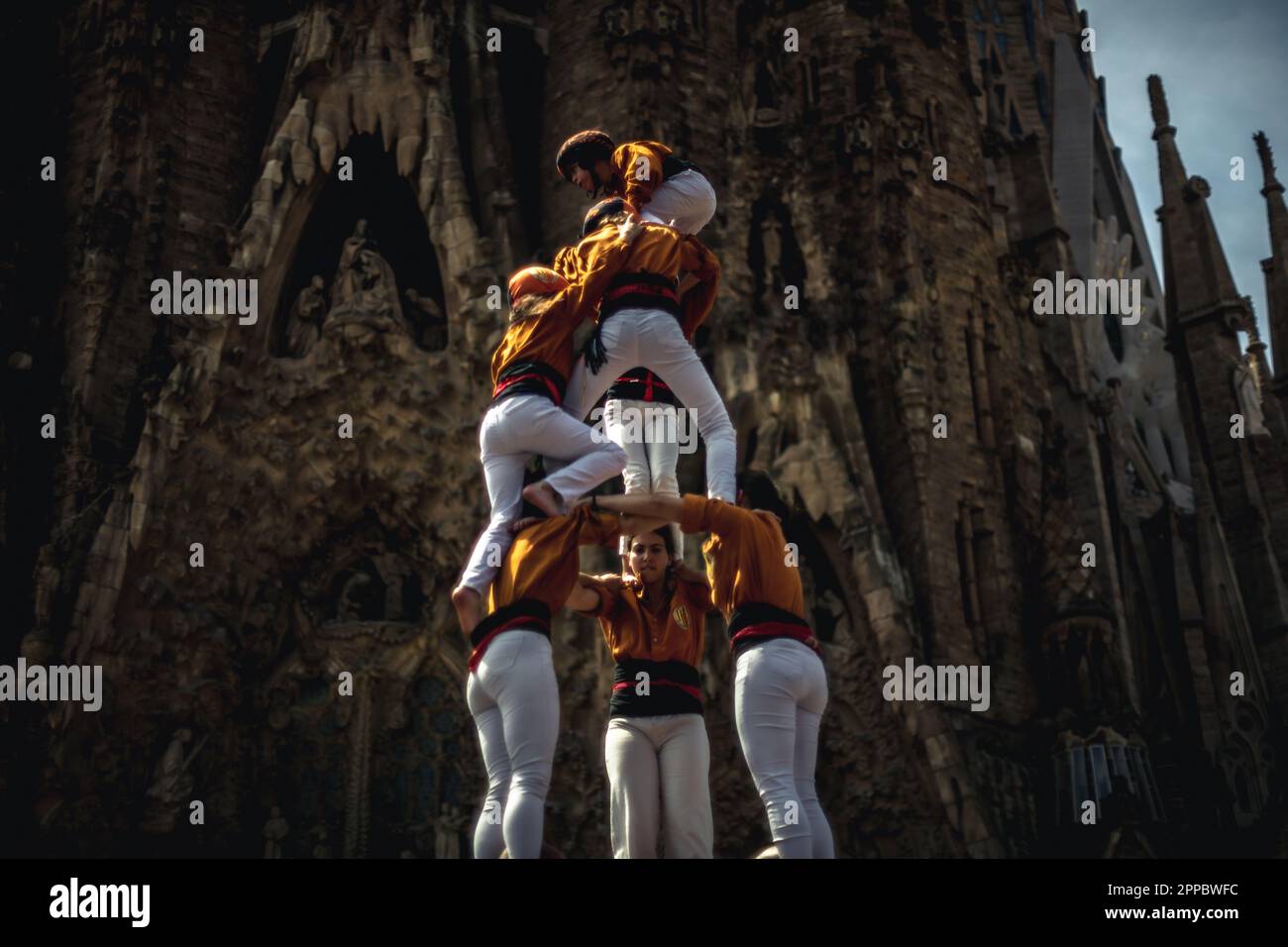 Barcelona, Spain. 23rd Apr, 2023. The 'Sagals d'Osona' build a human ...