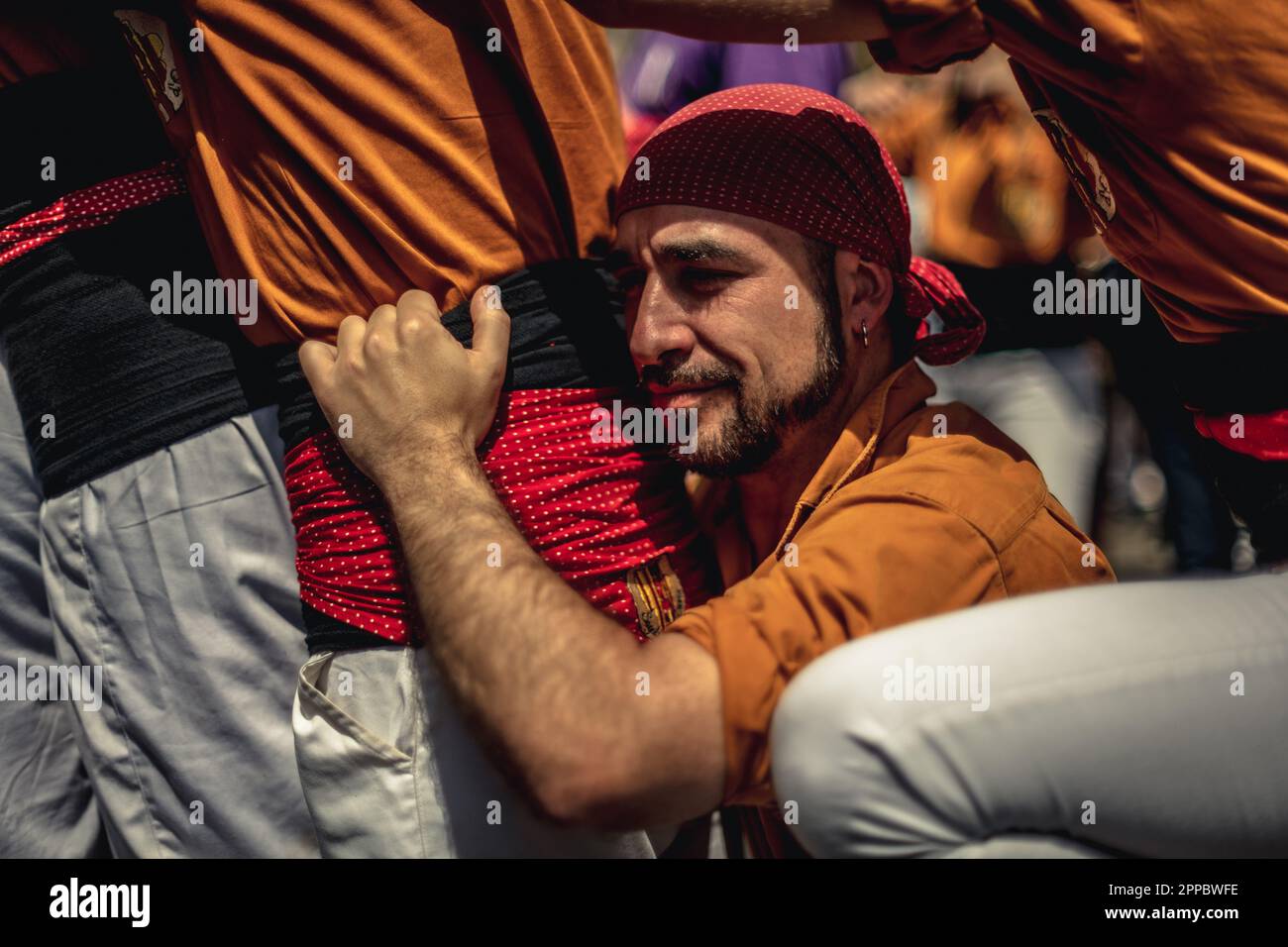 Barcelona, Spain. 23rd Apr, 2023. The 'Sagals d'Osona' build a human ...