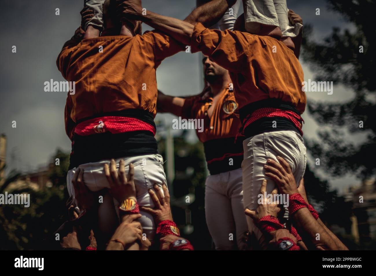 Barcelona, Spain. 23rd Apr, 2023. The 'Sagals d'Osona' build a human ...