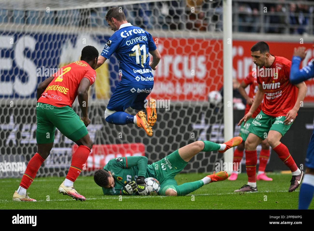 Gent, Belgium. 23rd Apr, 2023. Gent's Hugo Cuypers and Oostende's ...