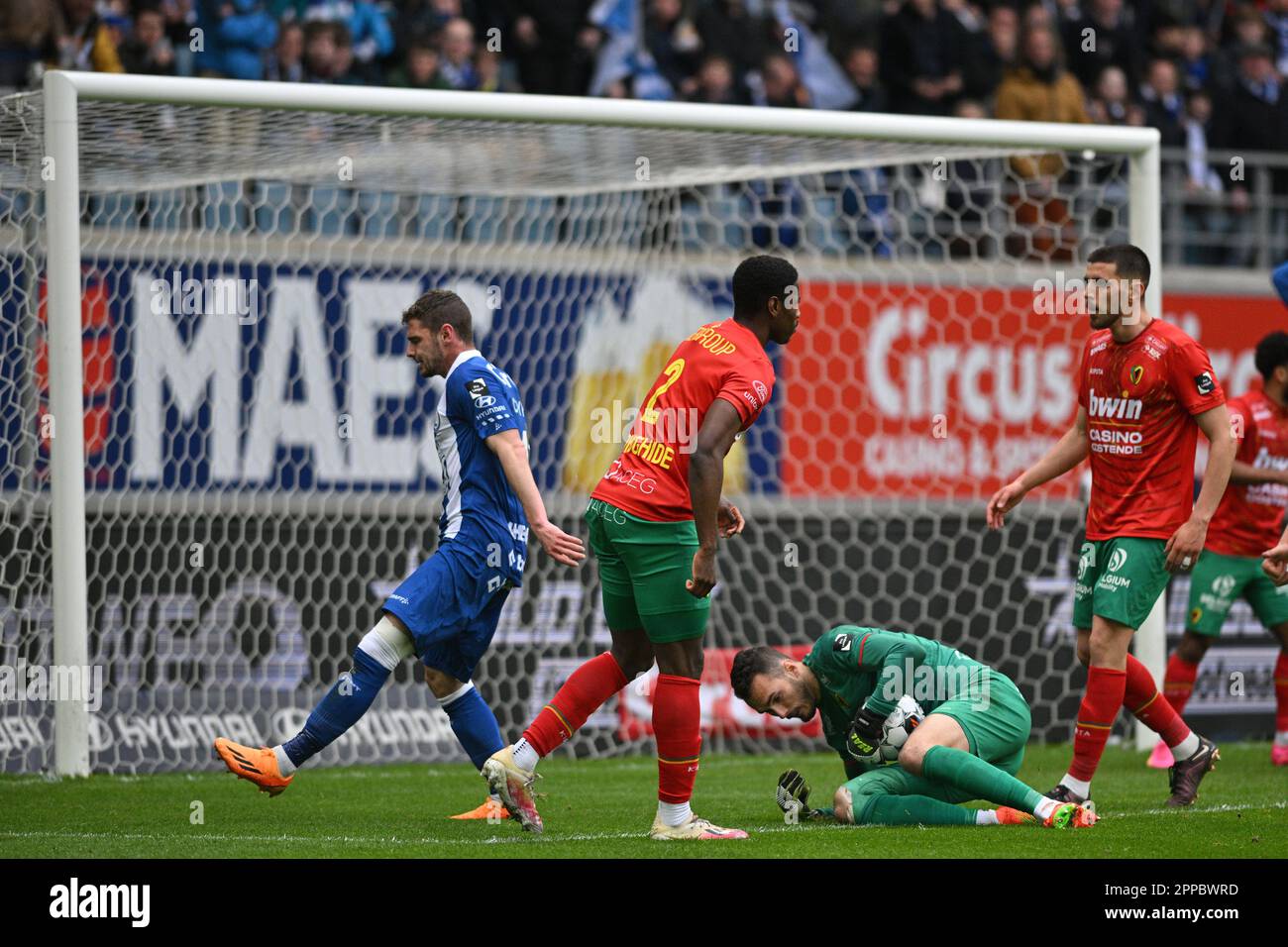 Gent, Belgium. 23rd Apr, 2023. Gent's Hugo Cuypers and Oostende's ...