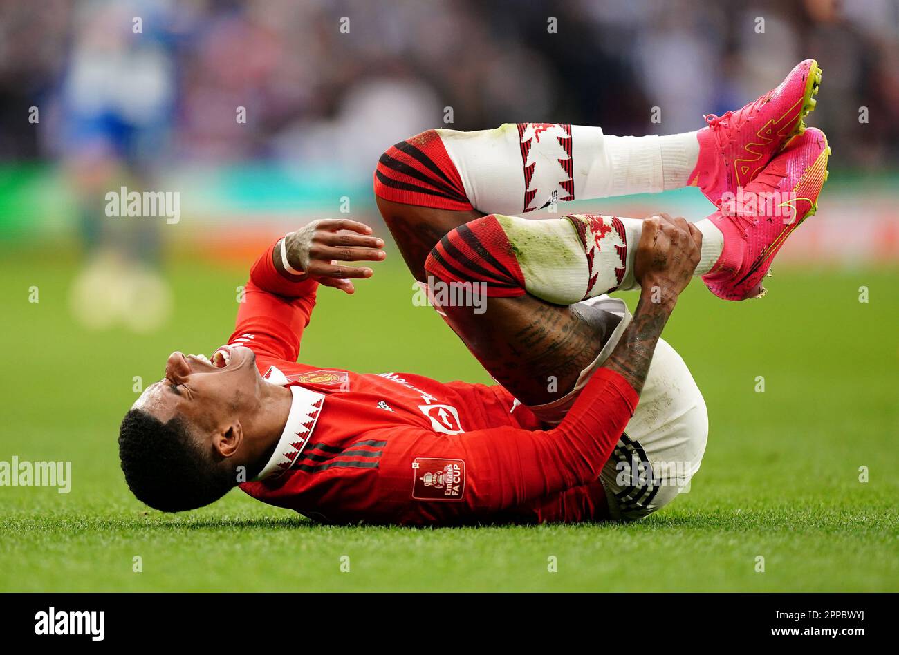 Manchester United's Marcus Rashford looks in pain after picking up a ...