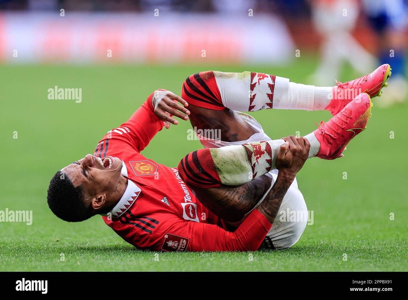 Marcus Rashford #10 of Manchester United falls down injured during the ...