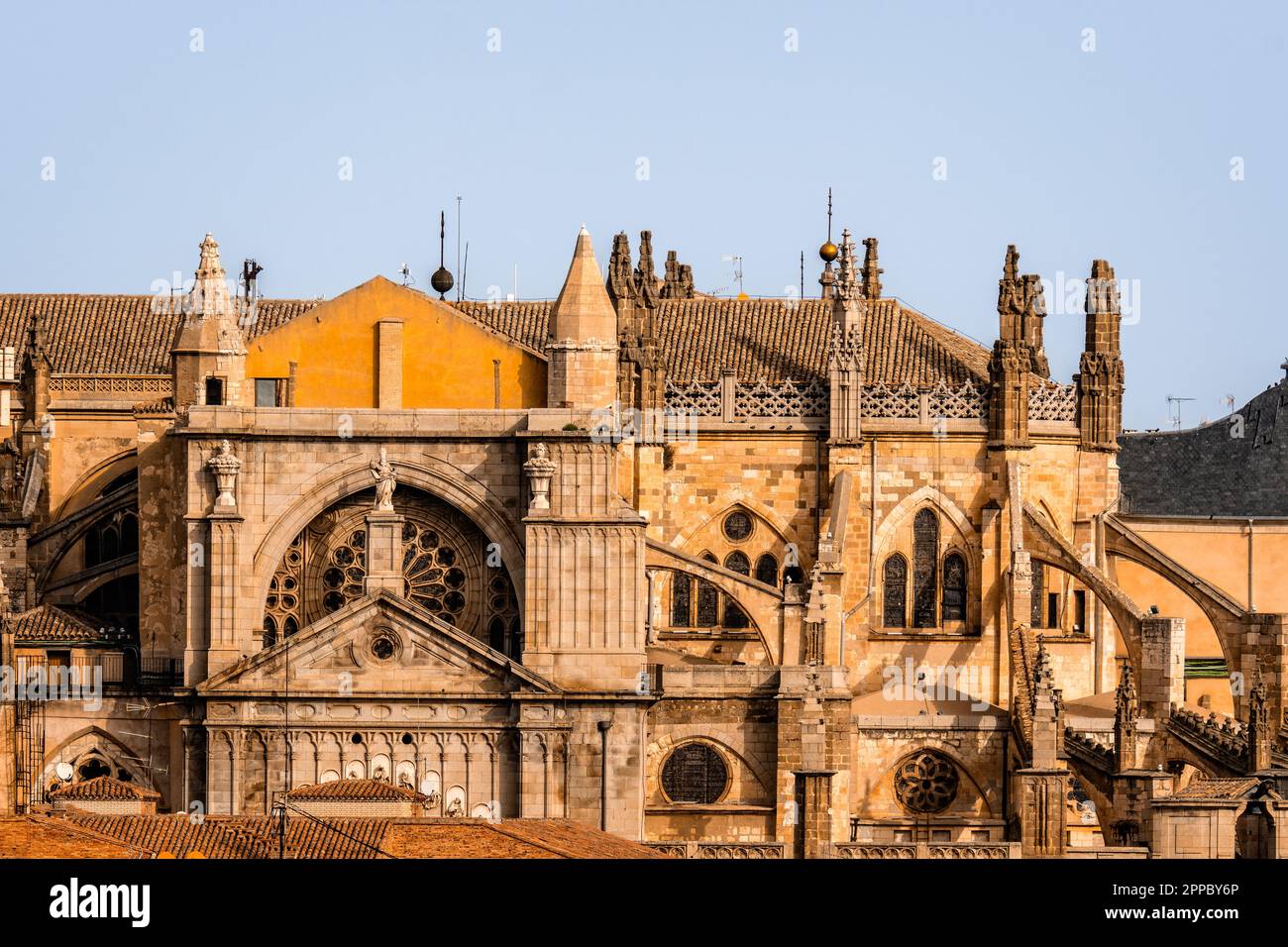 Telephoto lens view of the Cathedral of Toledo. Detail of archs in the ...