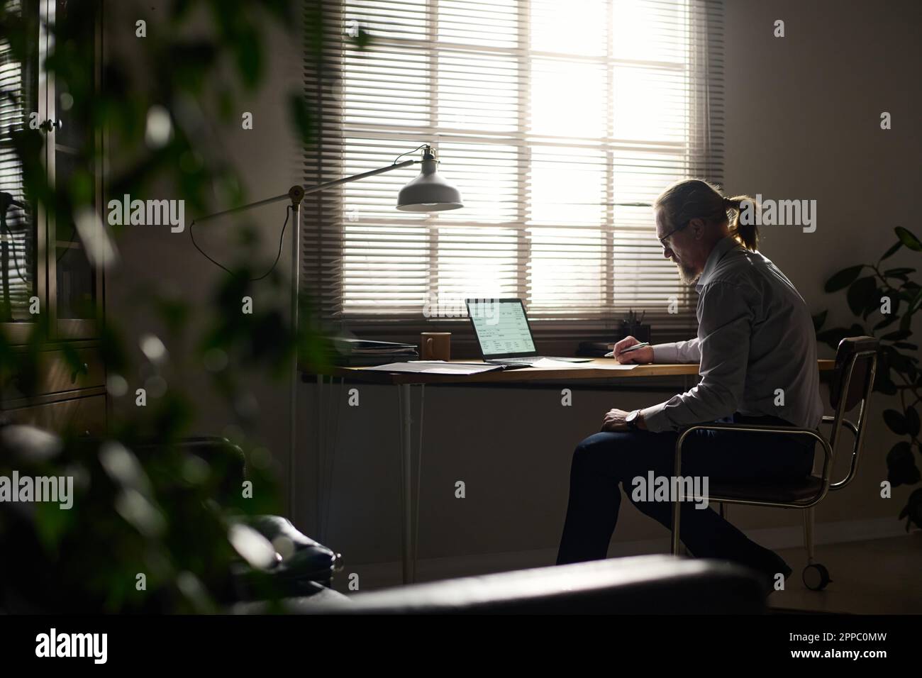 Side view of mature male counselor looking through information in ...