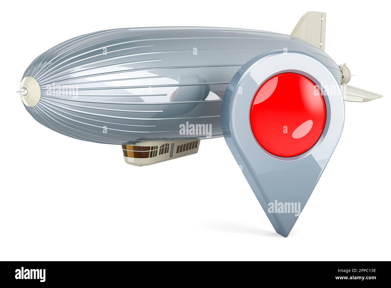 Airship or dirigible balloon with map pointer, 3D rendering isolated on ...
