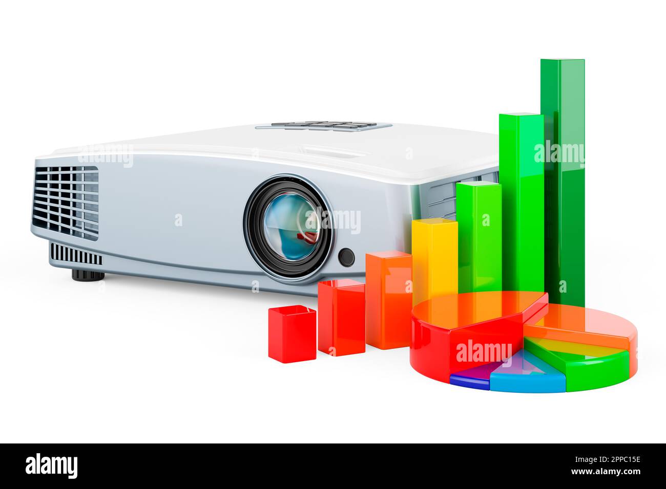 Projector with growth bar graph and pie chart. 3D rendering isolated on ...