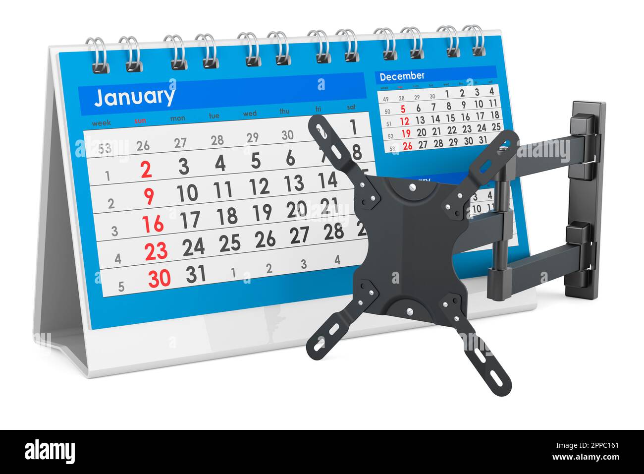TV Monitor Wall Mount with desk calendar, 3D rendering isolated on ...