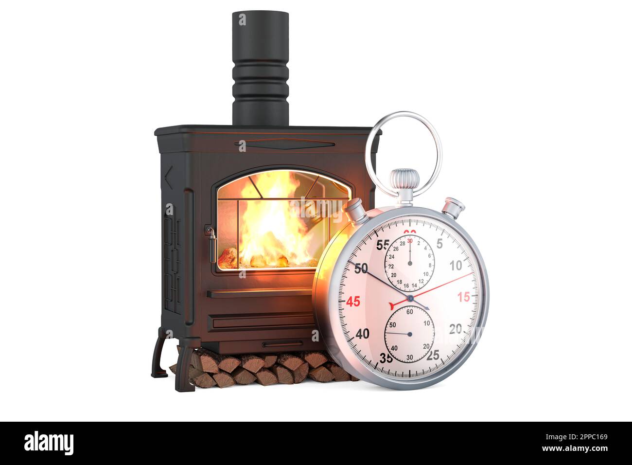 Potbelly stove, wood burner stove with stopwatch, 3D rendering isolated ...