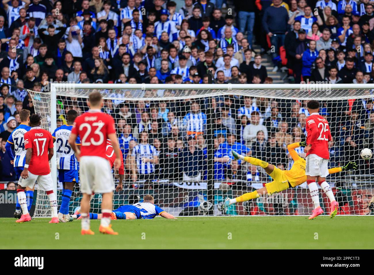 Robert Sanchez #1 of Brighton & Hove Albion saves a shot from Marcus ...