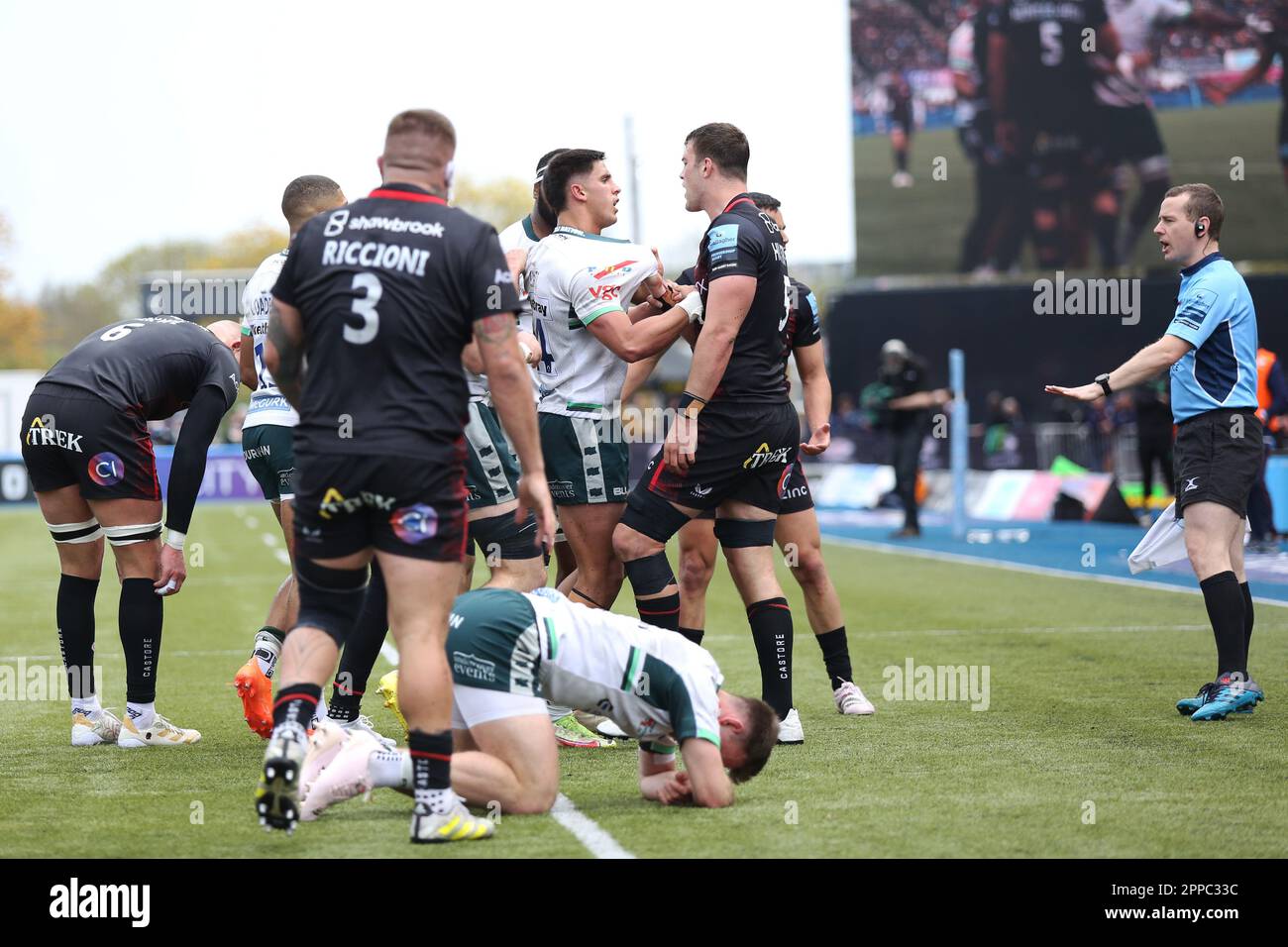 London, UK. 23rd Apr, 2023. Callum Hunter-Hill of Saracens and Lucio ...