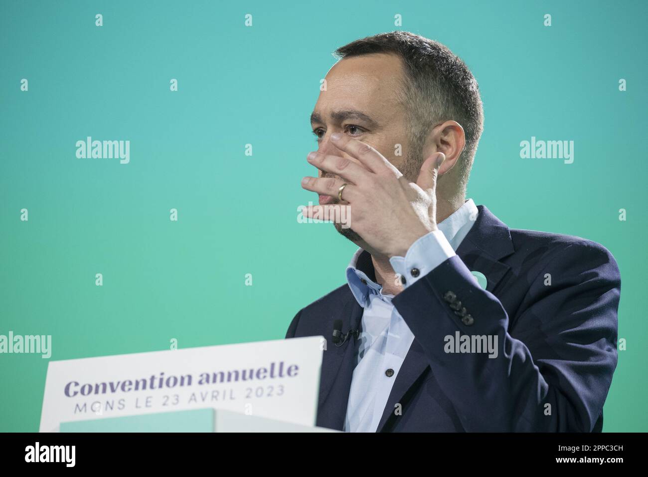 Brussels, Belgium. 23rd Apr, 2023. Les Engages' chairman Maxime Prevot ...
