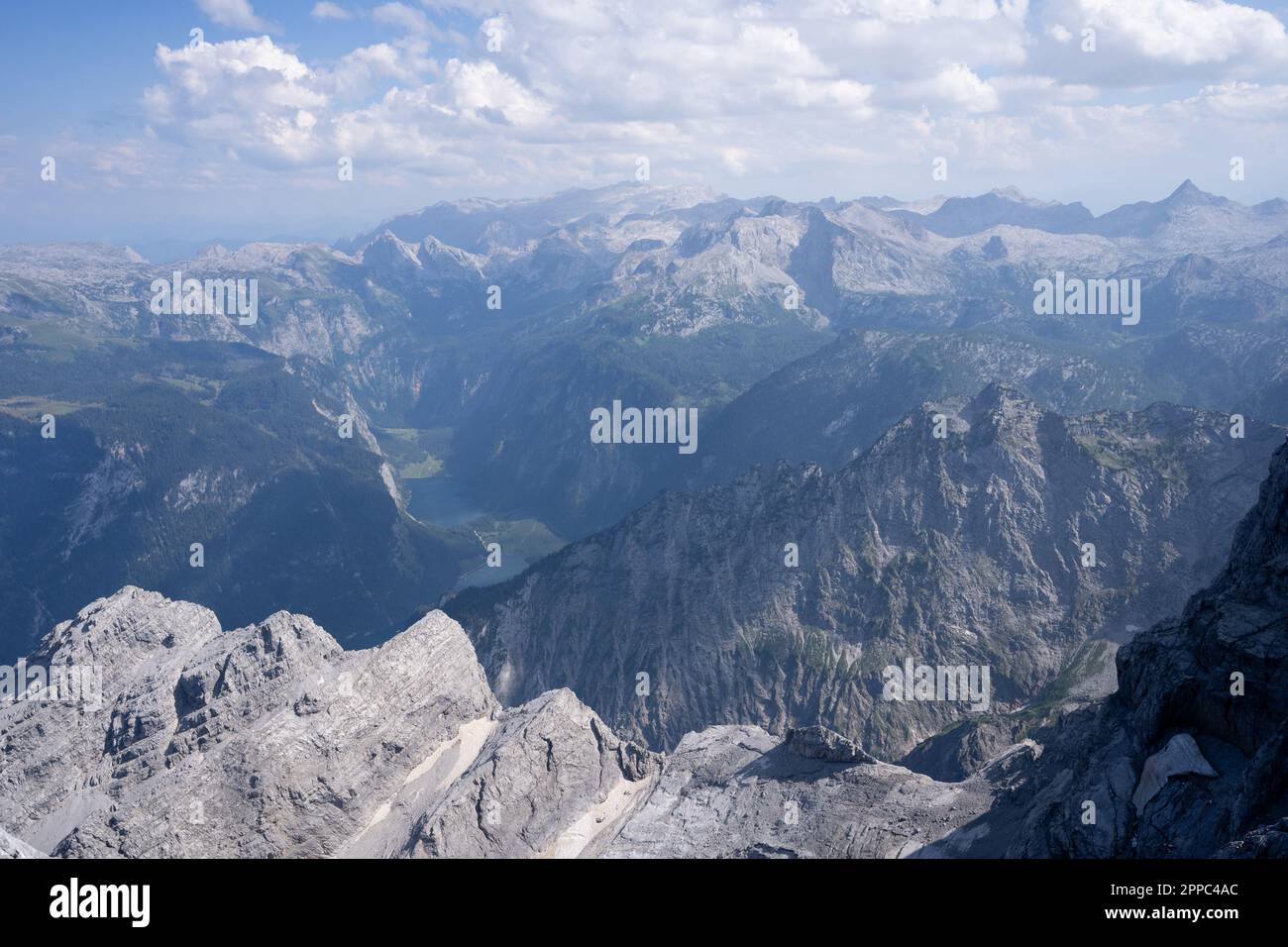Alpine landscape with mountain ranges and lakes viewed from high ...