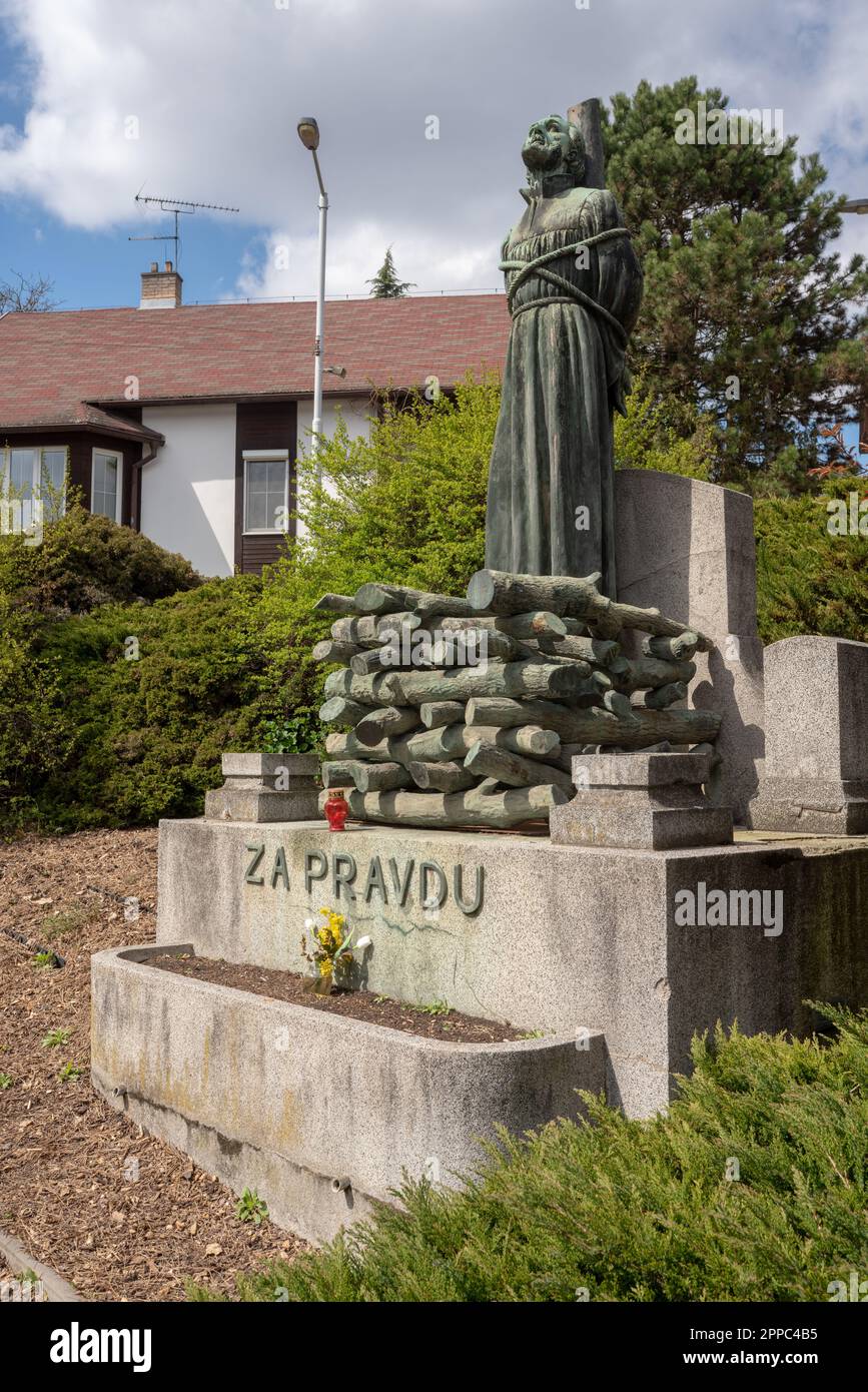 Detailed monument of church reformer Jan (John) Hus being burned at ...