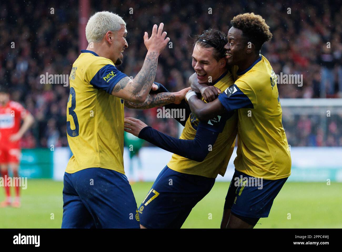 Kortrijk, Belgium. 23rd Apr, 2023. Union's Casper Terho celebrates ...
