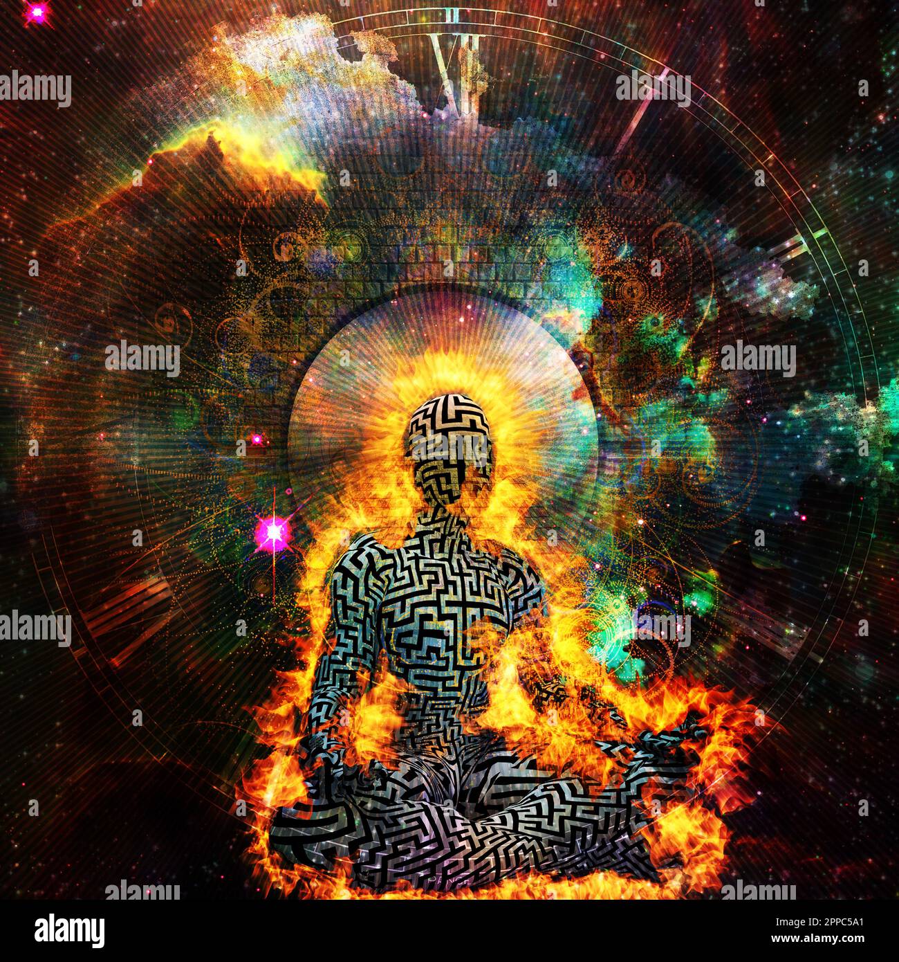 Burning man with maze pattern meditates in lotus pose. Clock face and ...