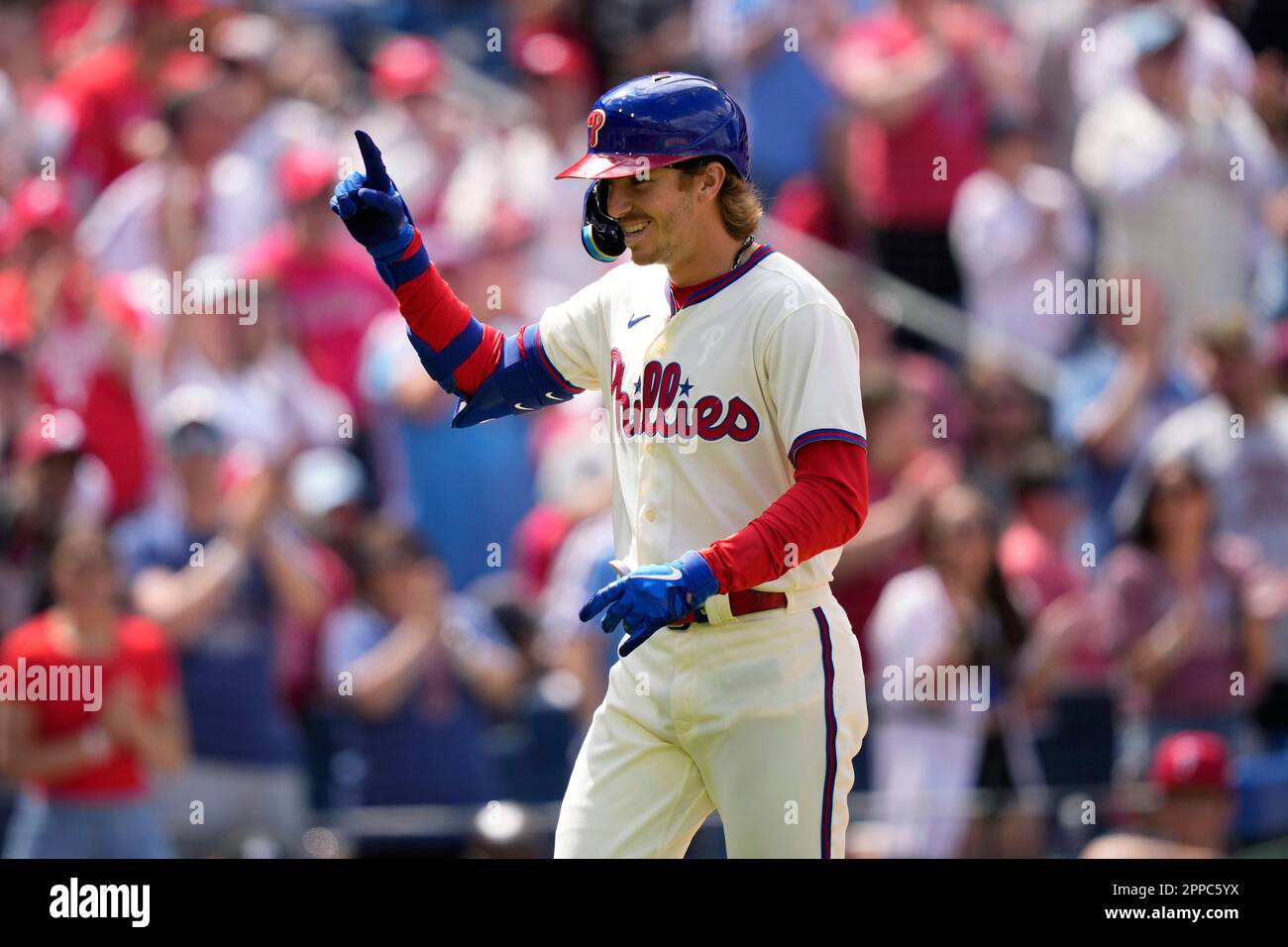 Philadelphia Phillies' Bryson Stott reacts after hitting a two-run home ...