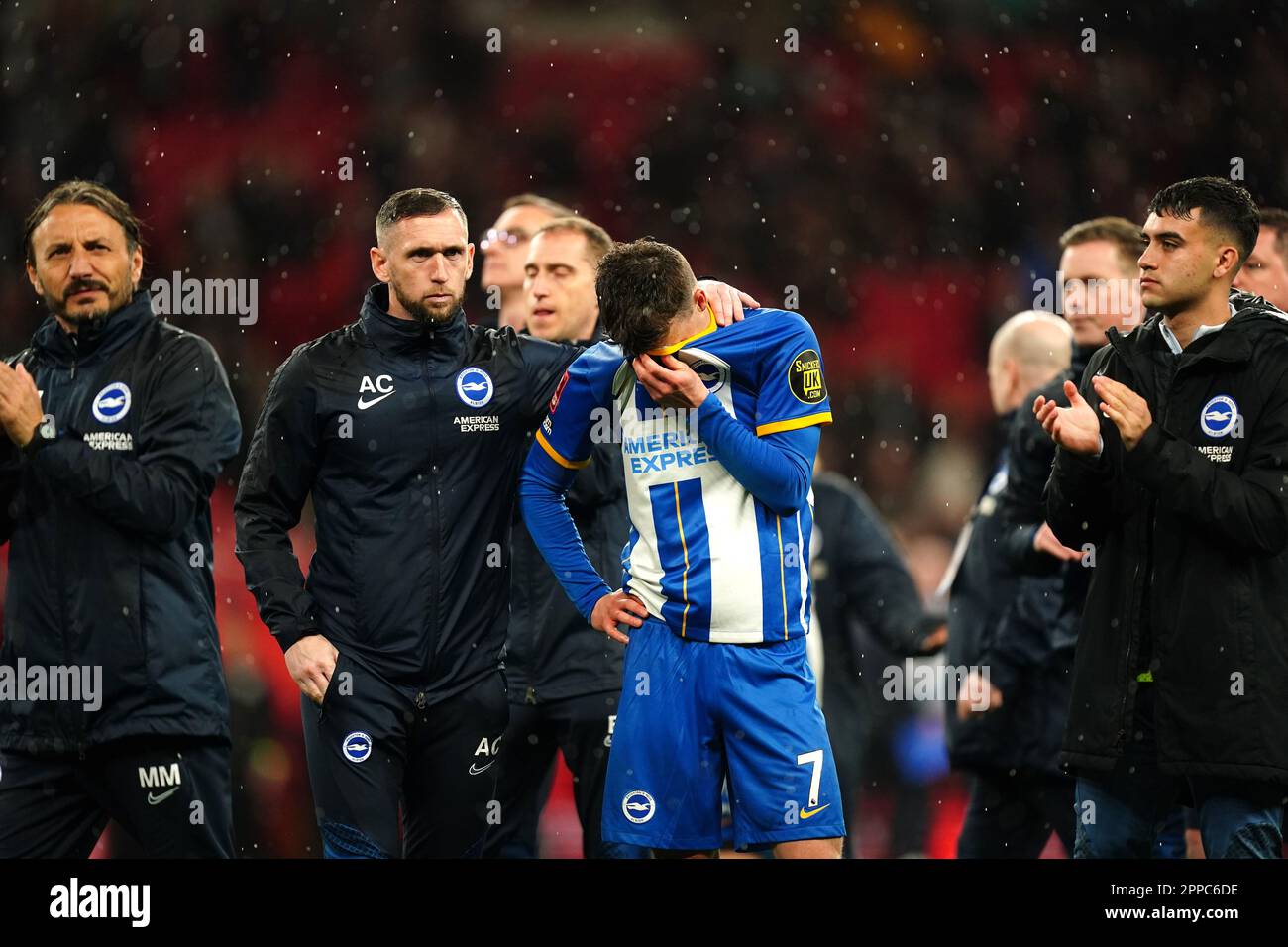 Brighton and Hove Albion's Solly March reacts after missing his penalty ...