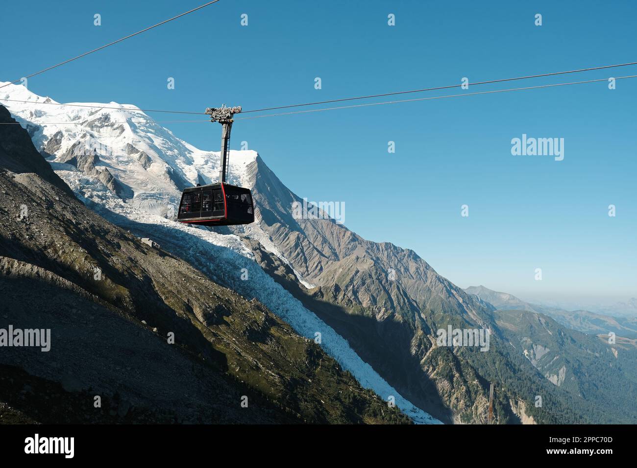 Cable car coach going to the Aiguille du Midi 3842 m mountain in the Mont Blanc massif ...