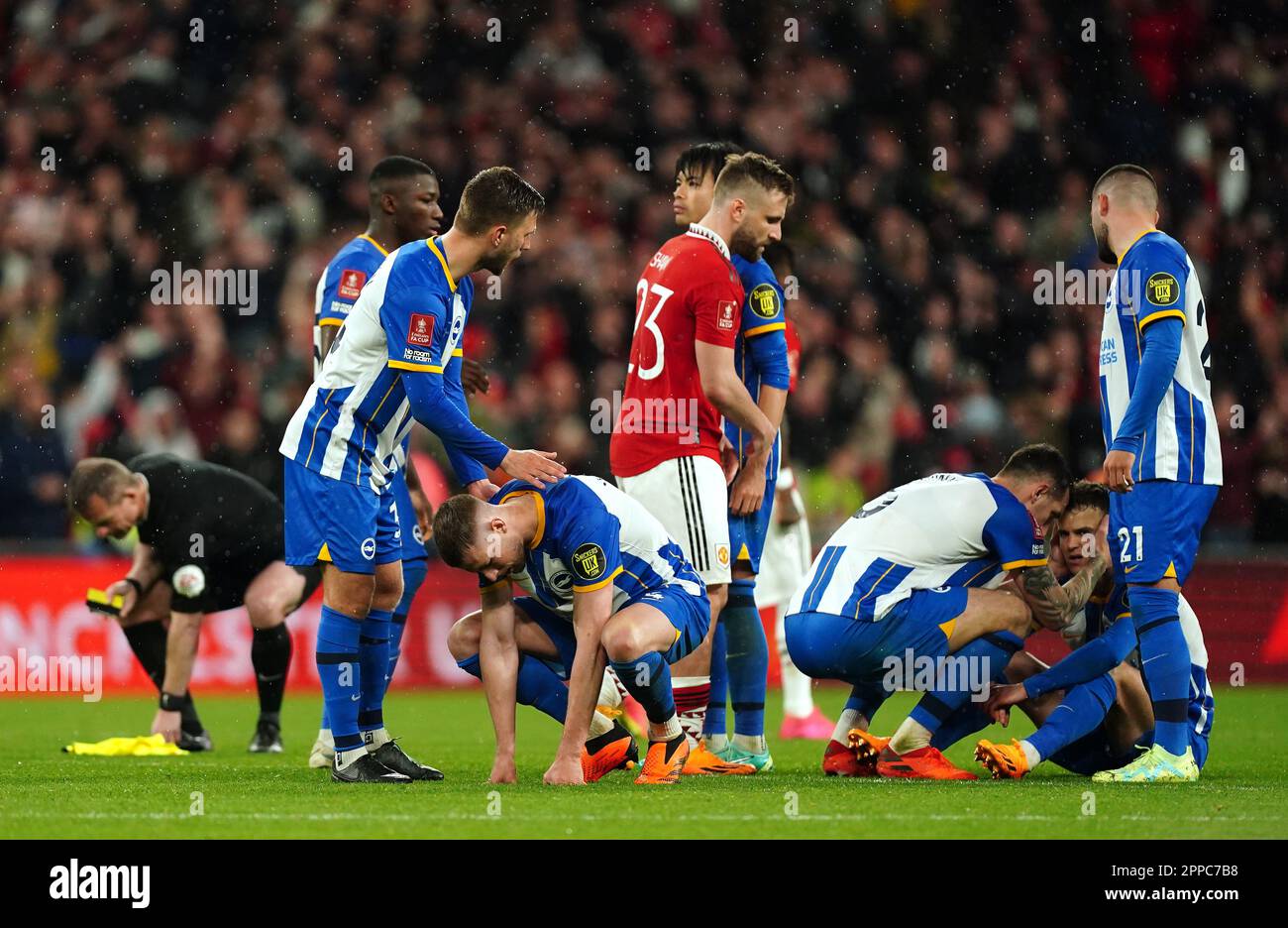 Brighton and Hove Albion's Solly March reacts after missing his penalty ...