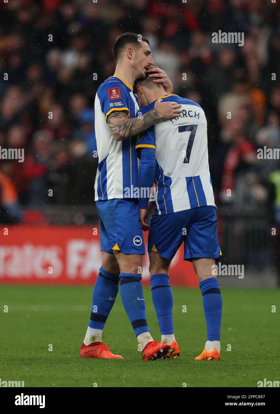 London, UK. 23rd Apr, 2023. Lewis Dunk (B&HA) consoles Solly March (B ...