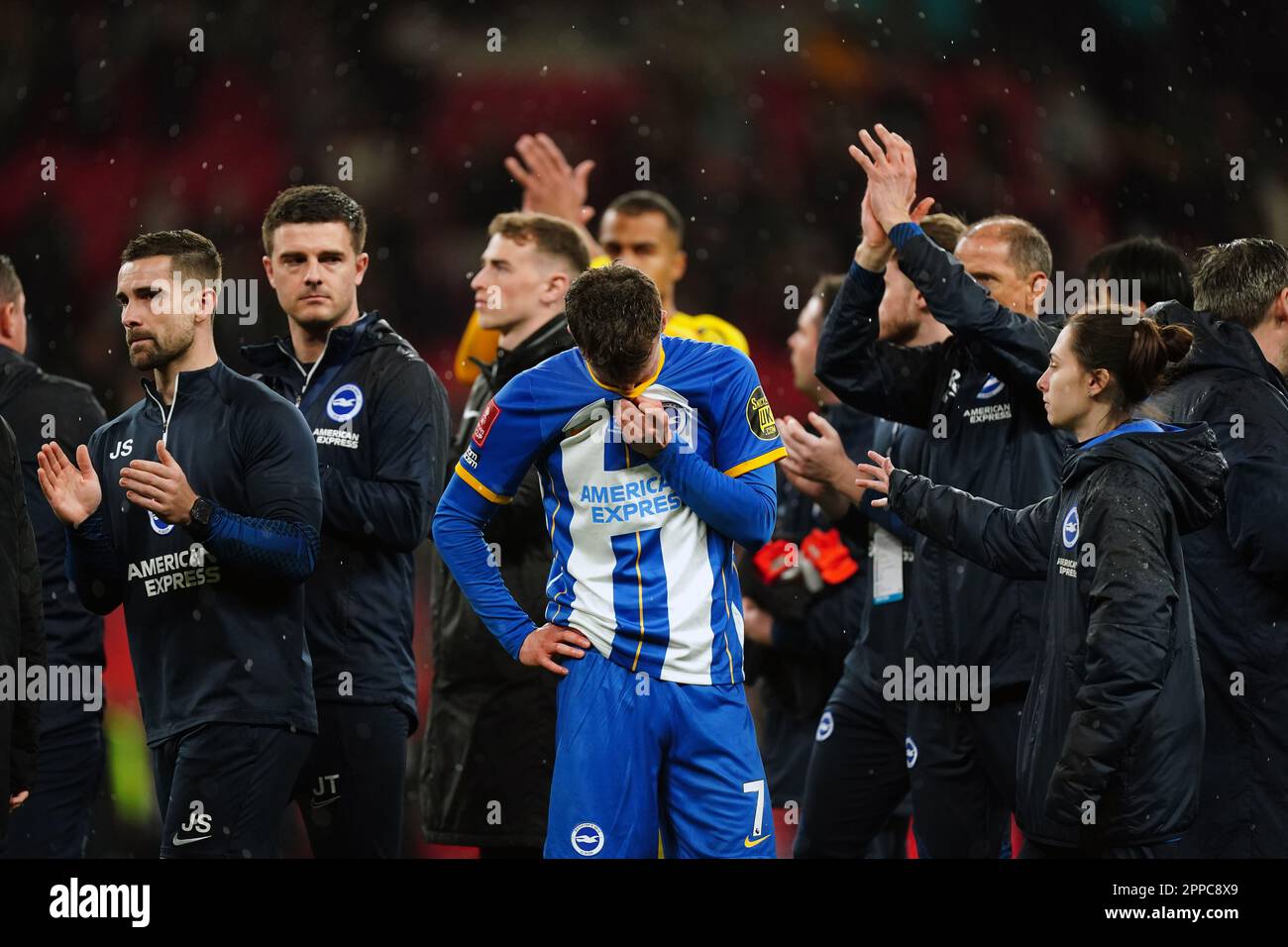 Brighton and Hove Albion's Solly March after missing a penalty in the ...