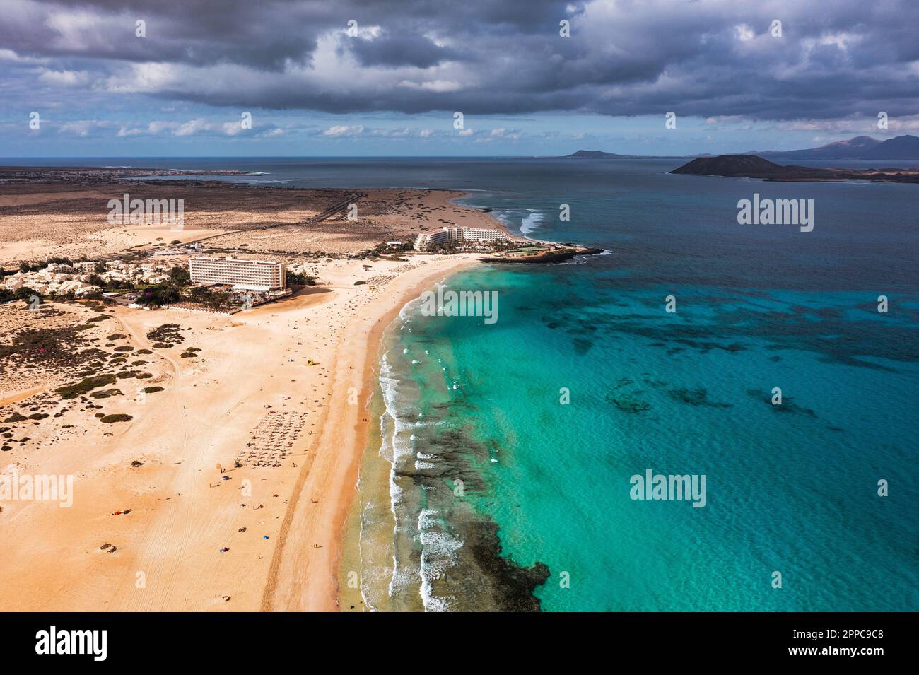 Aerial view of beach in Corralejo Park, Fuerteventura, Canary Islands ...