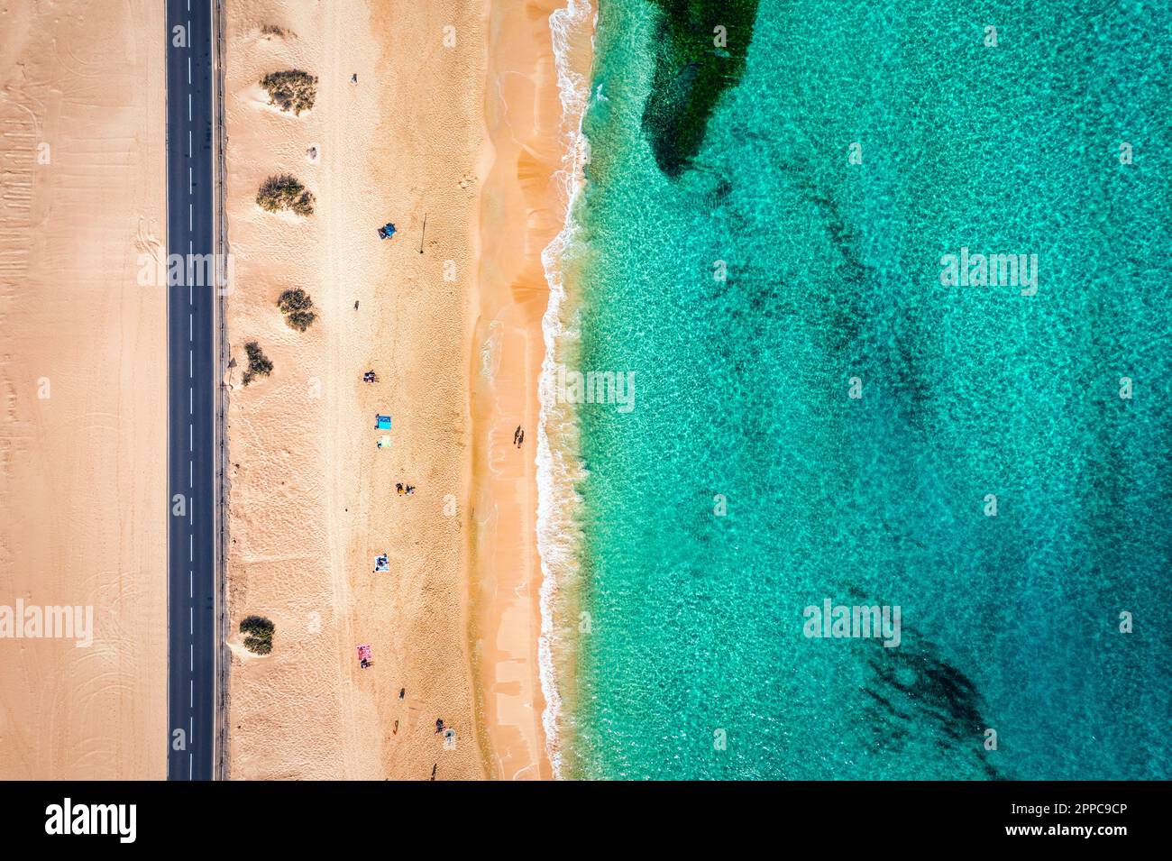 Aerial view of beach in Corralejo Park, Fuerteventura, Canary Islands ...