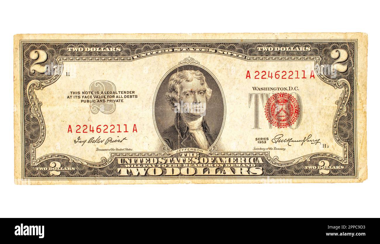 One paper old American two dollars isolated on white background, macro ...