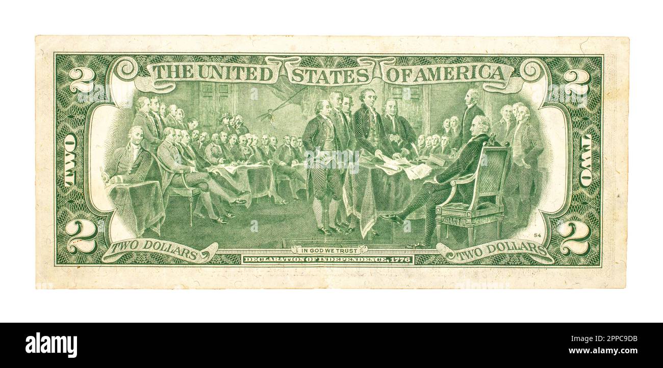 One paper old American two dollars isolated on white background, macro ...