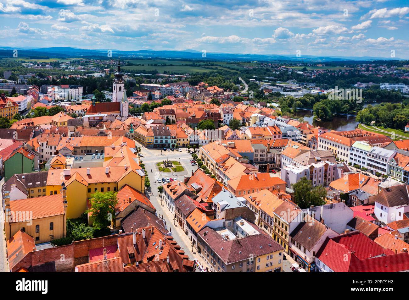 Medieval Town Pisek and historic stone bridge over river Otava in the ...