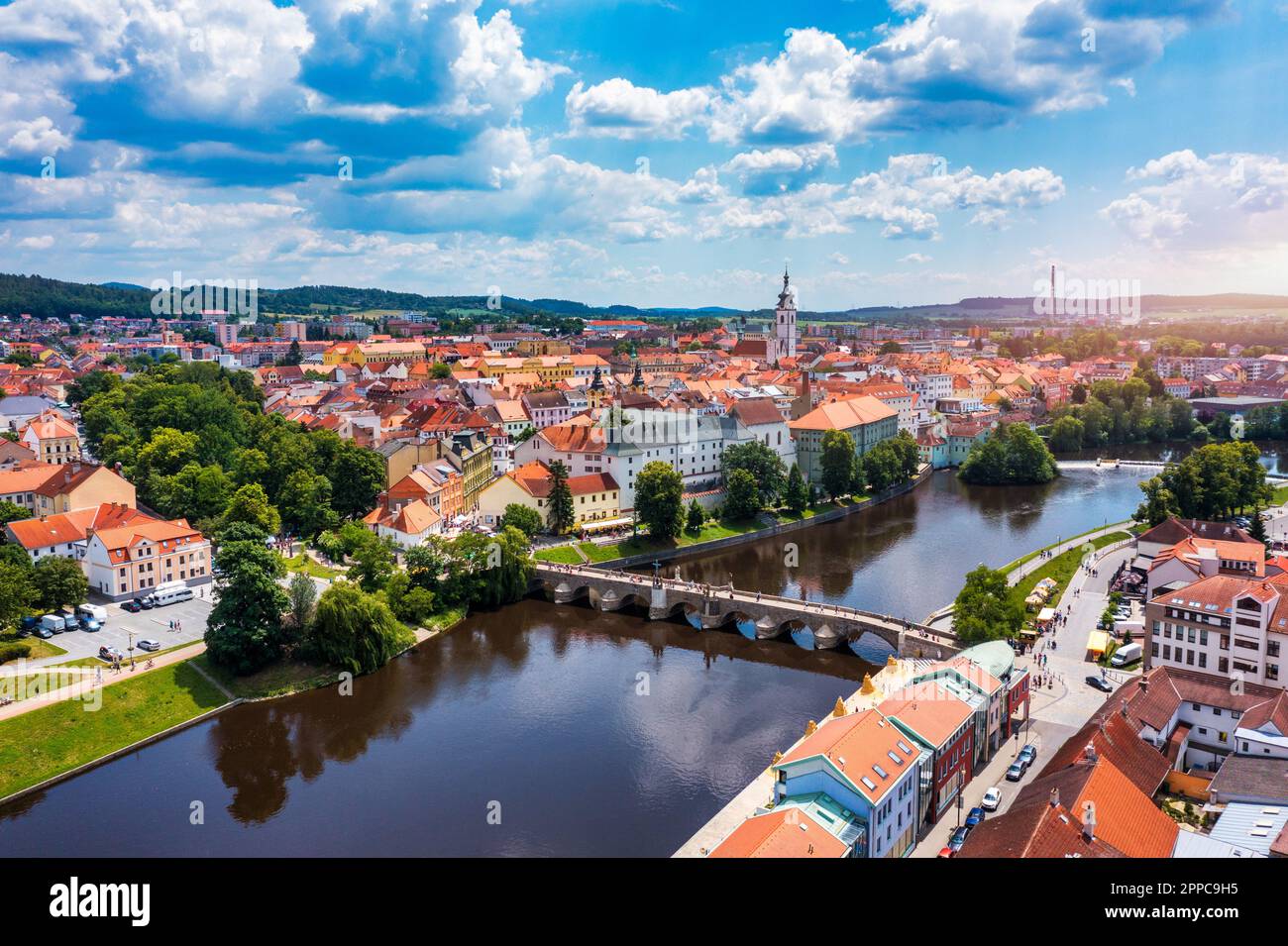 Medieval Town Pisek and historic stone bridge over river Otava in the ...